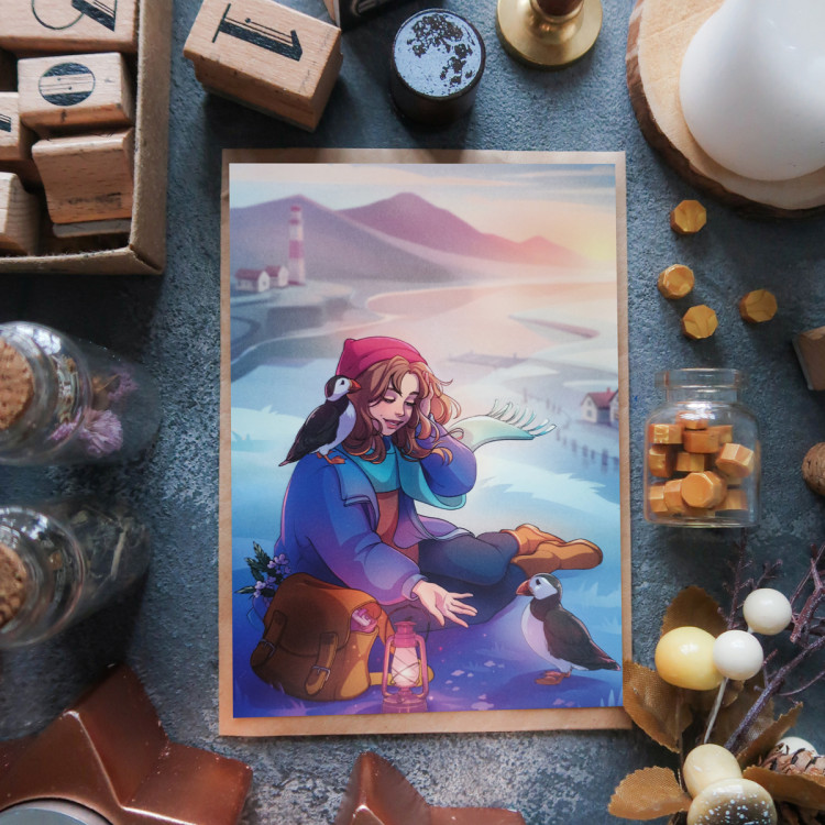 Открытка "Girl And Puffin"